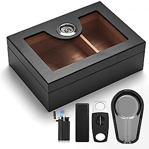 CINOROW Cigar Humidor Box with Lighter and Cutter, Digital Hygrometer and Humidifier, Ashtray, Spanish Cedar Lining and Divider for 25 Cigars, Cigar Accessories Gifts for Men