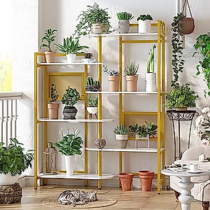 Anivia 6 Tier Asymmetrical Open Storage Shelves Ajustable Wood Bookcase Open Shelf Corner Bookshelf with Metal Frame Storage Organizer for Home Office,White and Gold