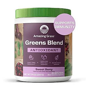 Amazing Grass Greens Blend Antioxidant: Super Greens Powder Smoothie Mix with Organic Spirulina, Beet Root Powder, Elderberry, Bilberry, Prebioitics & Probiotics, Sweet Berry, 30 Servings