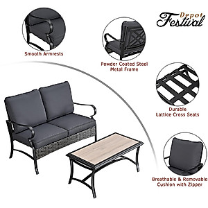 Festival Depot PE Wicker Patio Bistro Set, 2 Pieces Outdoor Furniture, Conversation Sofa Loveseat Armchairs & Coffee Table with Removable Cushion All Weather Casual Craft Cozy Small Chair Set