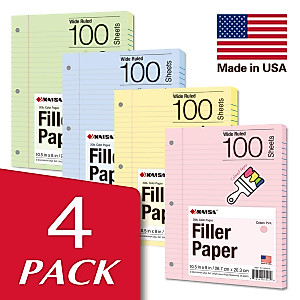 Kaisa Filler Paper Colored loose Leaf Paper, Wide Ruled 8x10.5in Colored Paper, 3-Hole Punched for 3-Ring Binders,100Sheets/pack 4Packs, FC10001W