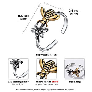 Retro 925 Sterling Silver Cute Bee & Flower Knuckle Ring Oxidized Ring Open Adjustable Thumb Rings for Women