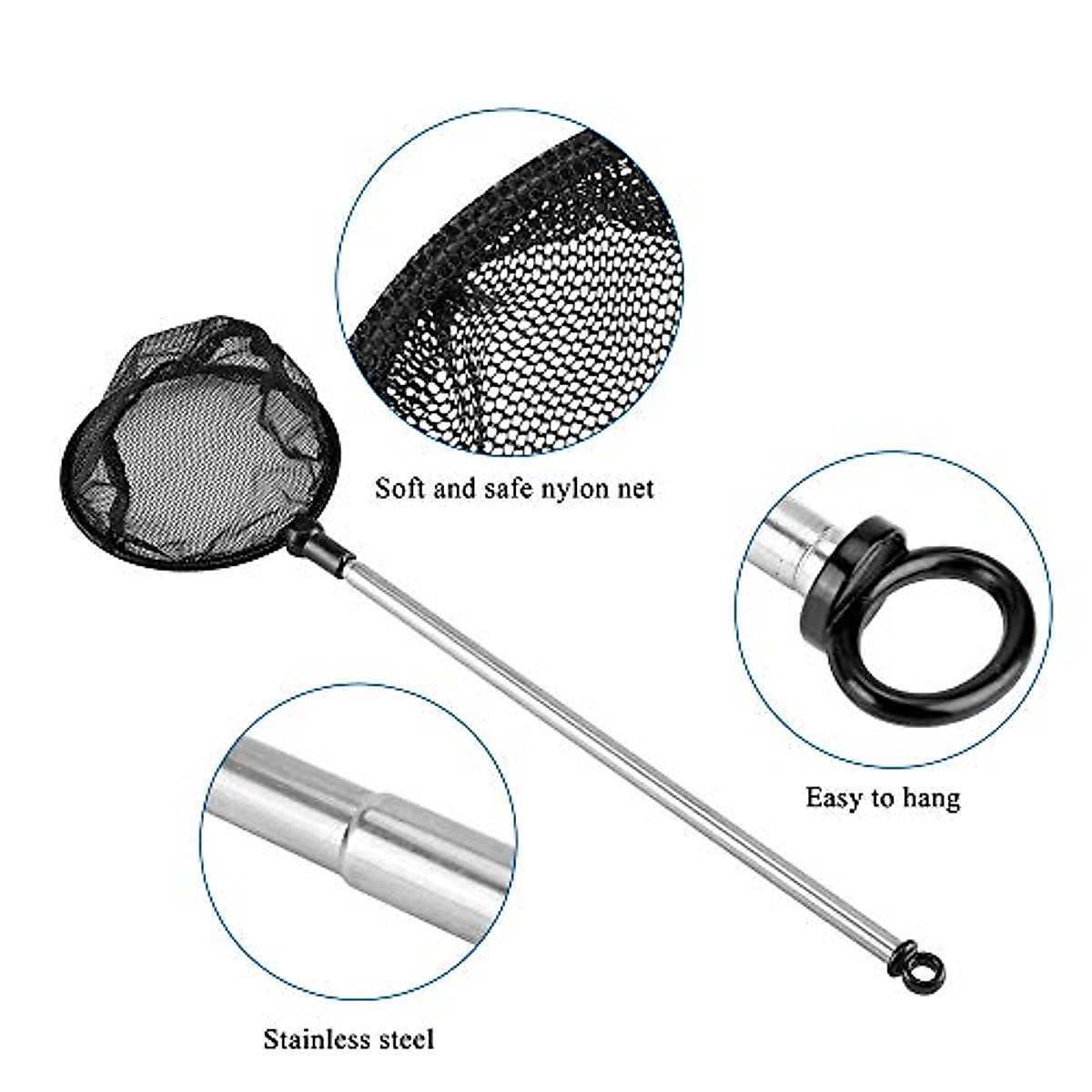 Lpraer Aquarium Fish Net 3.5" Round Fish Net with Extendable 9.8"-24.4" Telescopic Stainless Steel Long Handle Fine Mesh Fish Net for Fish Tank
