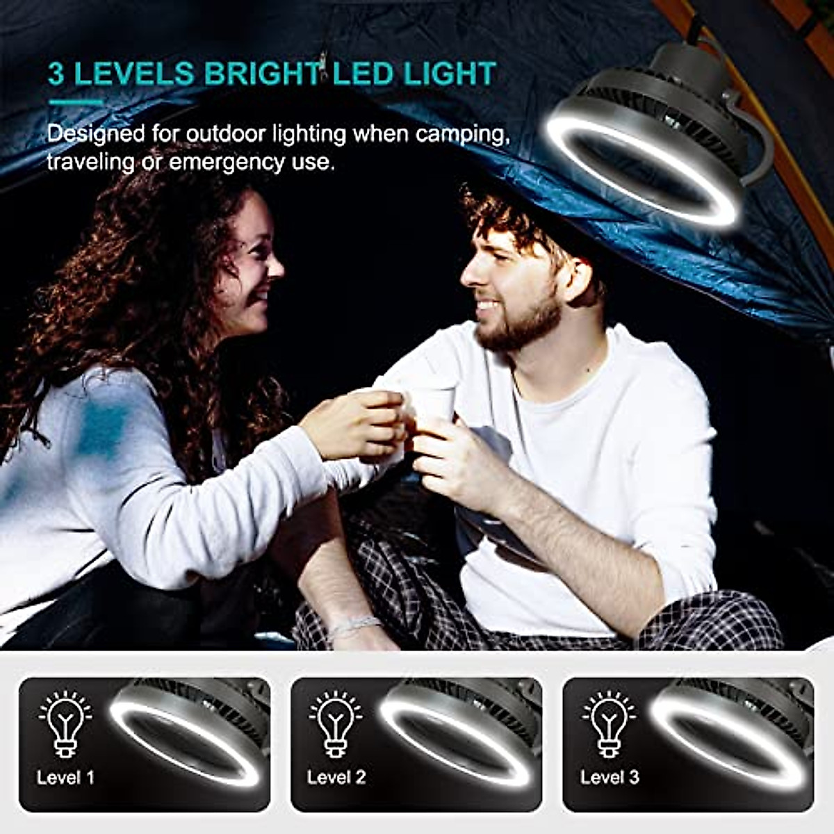 Teioe Camping Fan with LED Lantern, 8000 mAh Battery Operated Tent Fan with Hook, Rechargeable Table Fan for Camping, Fishing, Jobsite, Office, Emergency (Grey)