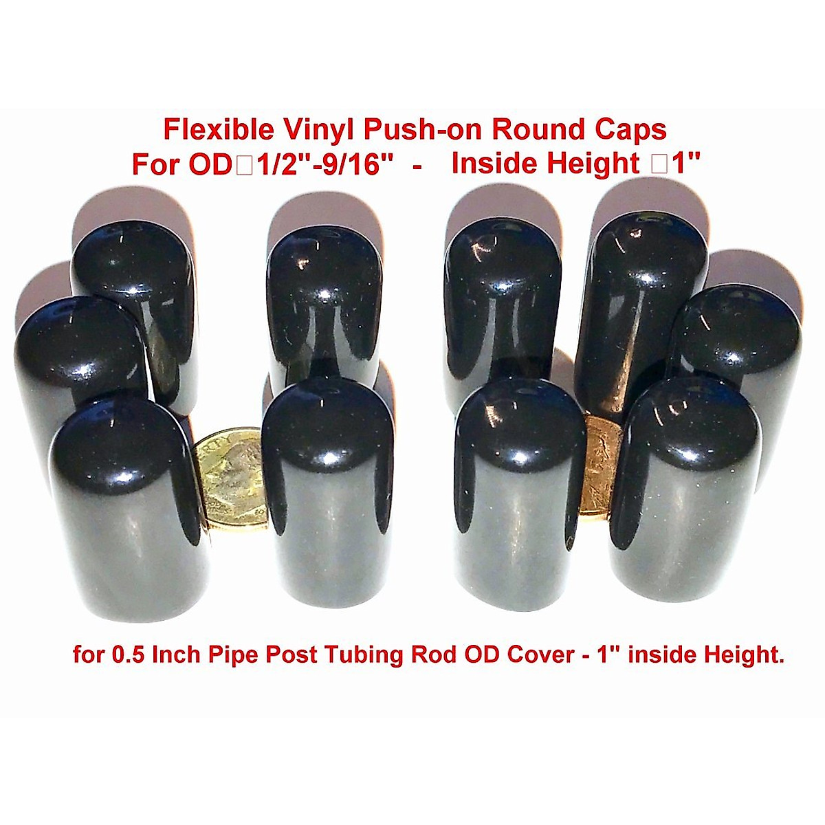 SBDs (Pack of 10): 1/2"- 9/16" Round Black Vinyl Flexible End Cap Bolt Screw Rubber Thread Protector Safety Cover | for 0.5 Inch Pipe Post Tubing Rod OD Protective Cover. (10, 1" Inside Height)