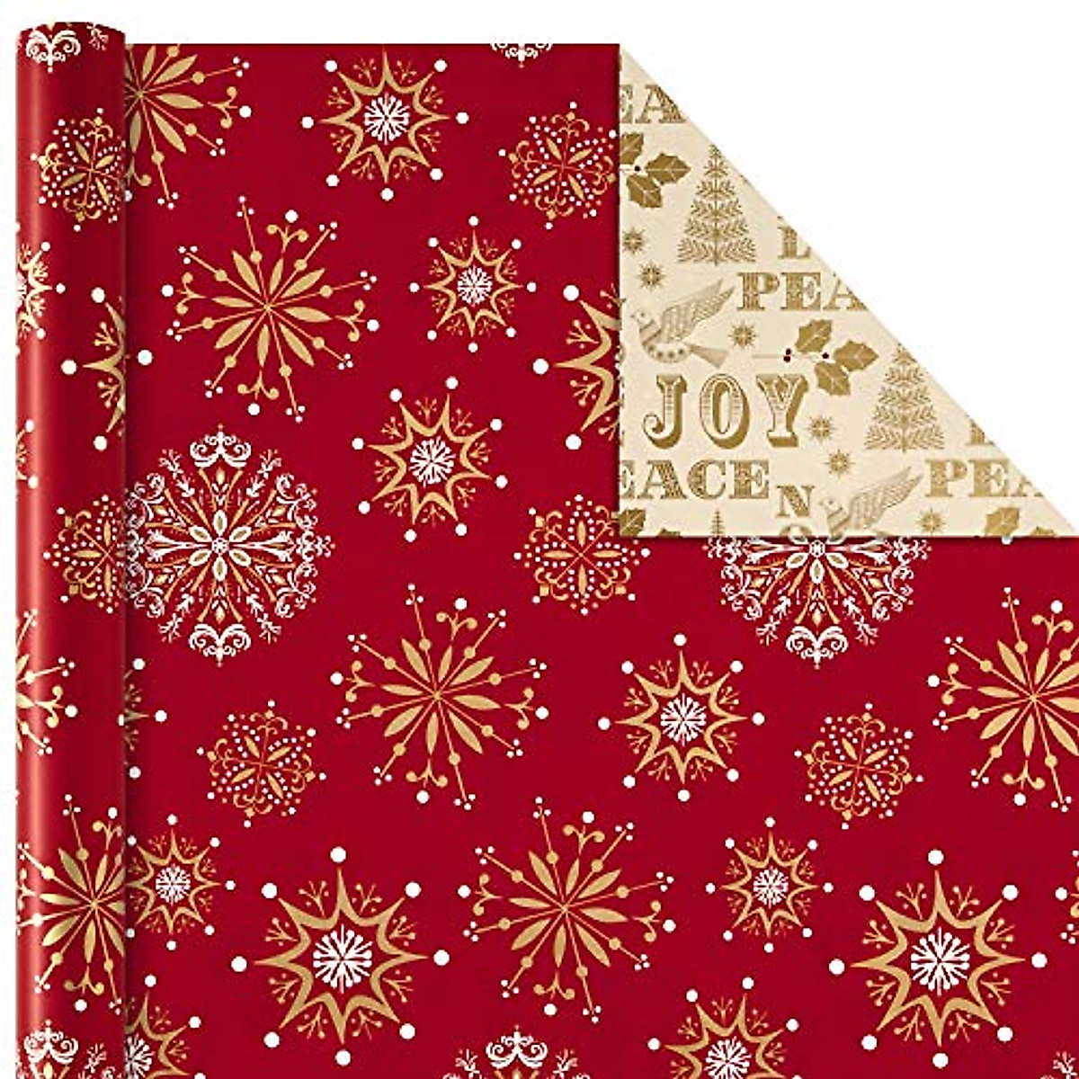 Hallmark Reversible Christmas Wrapping Paper Set with Ribbon and Gift Tag Stickers (Traditional Red and Gold, 3 Rolls of Wrapping Paper and Ribbon)