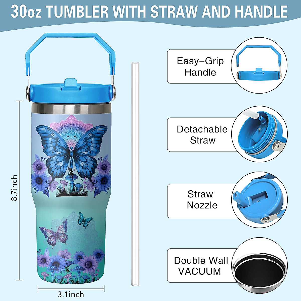 30oz Insulated Butterfly Tumbler with Handle, Featuring a Leak-proof 2-in-1 Lid and Straw, a Vacuum-insulated Travel Coffee Mug, Portable Stainless Steel Water Bottle, Suitable for Both Women and Men
