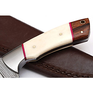 RANDY Damascus Steel Hunting Knife Best Damascus Skinning for Hunting and Camping Knife With Leather Sheath (9022) Over all 9 inches