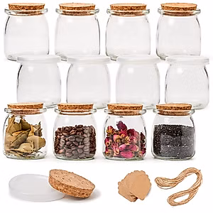 EZOWare 5oz Clear Glass Bottle with Cork Lid and Plastic Lid, Set of 12 Small Favor Jar Container For Wedding & Party Favor, Baby Shower, Pudding, Yogurt, Spices with Label Tags and String