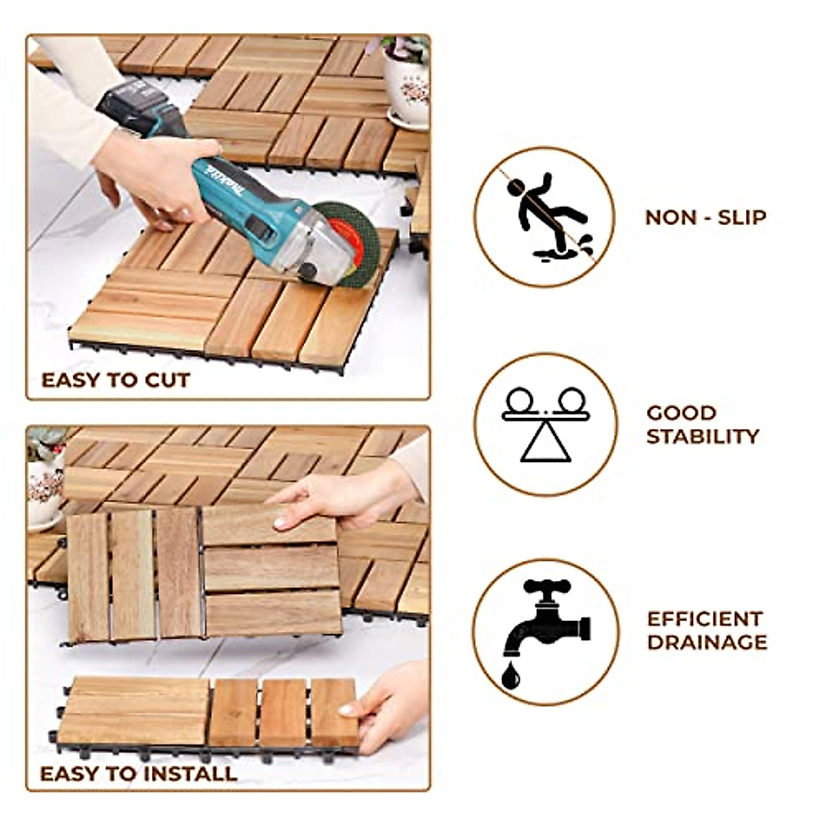A9 FURNI 12-Slat Acacia Wood Teak Color Waterproof Outdoor & Indoor Flooring Interlocking Deck Tiles (10pcs,12''x12'') - Great Balcony Wooden Garden Decking Tile & Perfect Patio Paver Kits
