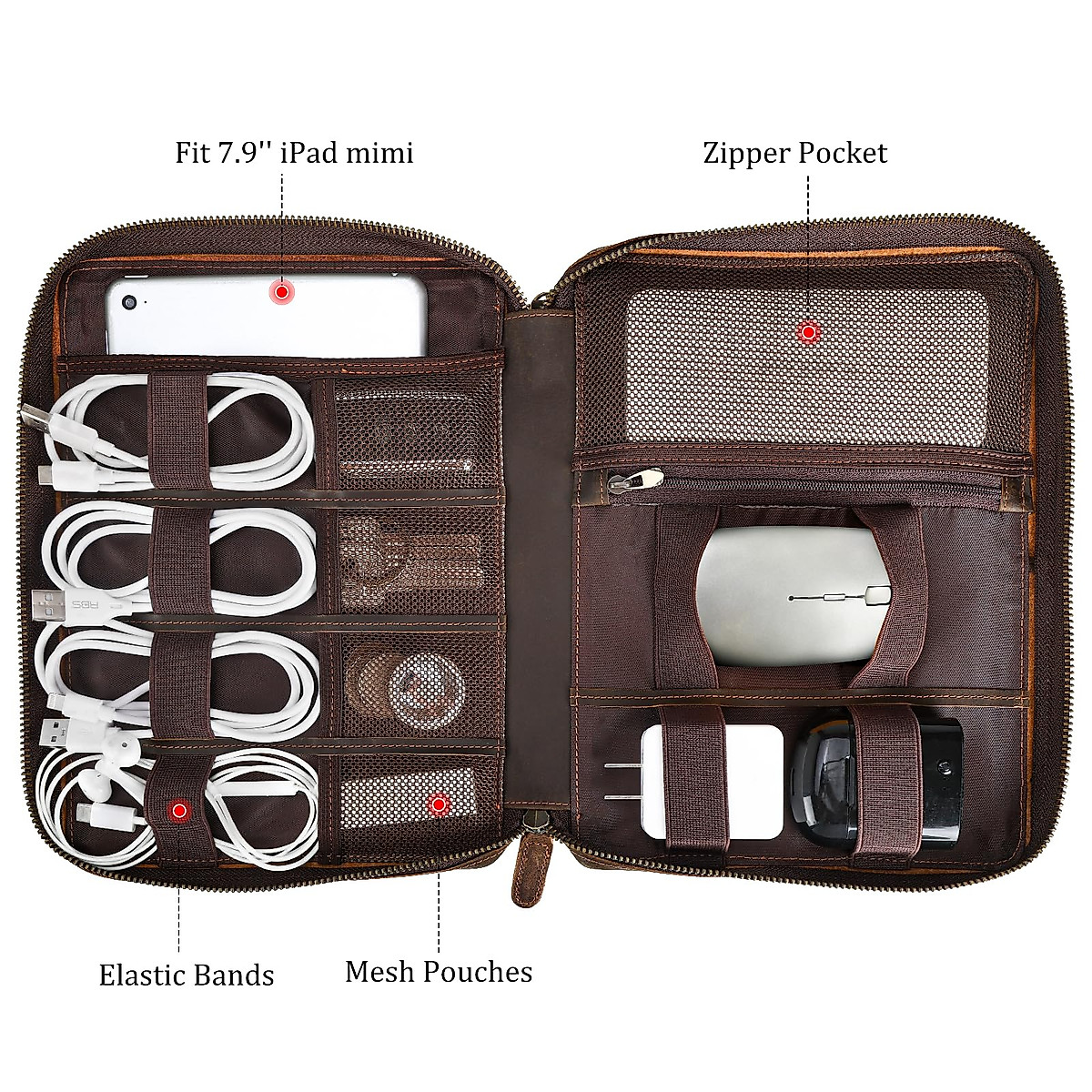 Polare Full Grain Leather Travel Cable Organizer Case Electronics Accessories Carry Bag with YKK Zippers Tech Storage Bag for Cables, Power Bank, USB, SD Card, Travel Essentials