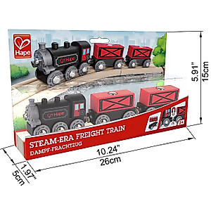 Hape Steam-Era Freight Train | Classic Black & Red Children’s Locomotive Toy with Unloadable Freight Wagons