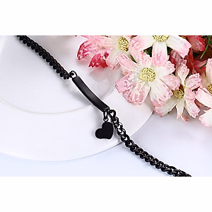 PJ JEWELRY Free Engraving-Stainless Steel Thin ID Tag Chain Bracelets with Small Heart Charm for Women,7.8",Black