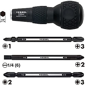 VESSEL Interchangeable Ball Grip Screwdriver Set with 1/4” Hex. Bit | Includes 3 Bits: +1, 3/+2, -6/PZ2, PZ3