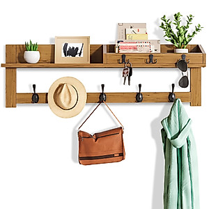 Coat Rack Wall Mount with Shelf, Wall Mounted Coat Rack with Shelf, 24 in Coat Hanger Wall Mount, Wooden Hanging Entryway Shelf with Hooks for Backpack, Bag, Purse, Large Key and Mail Holder for Wall