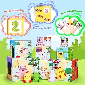 ShyLizard Toddler Farm Animal Sorting and Stacking Toys, Nesting Boxes and Blocks With Finger Puppets - Gifts for 1-3 Year Olds
