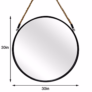 POZINO Large Round Hanging Mirror, Circle Wall Mirror with Rope, 30 Inch Black Frame Farmhouse Mirror for Bathroom Bedroom Living Room Entryway Home Decor