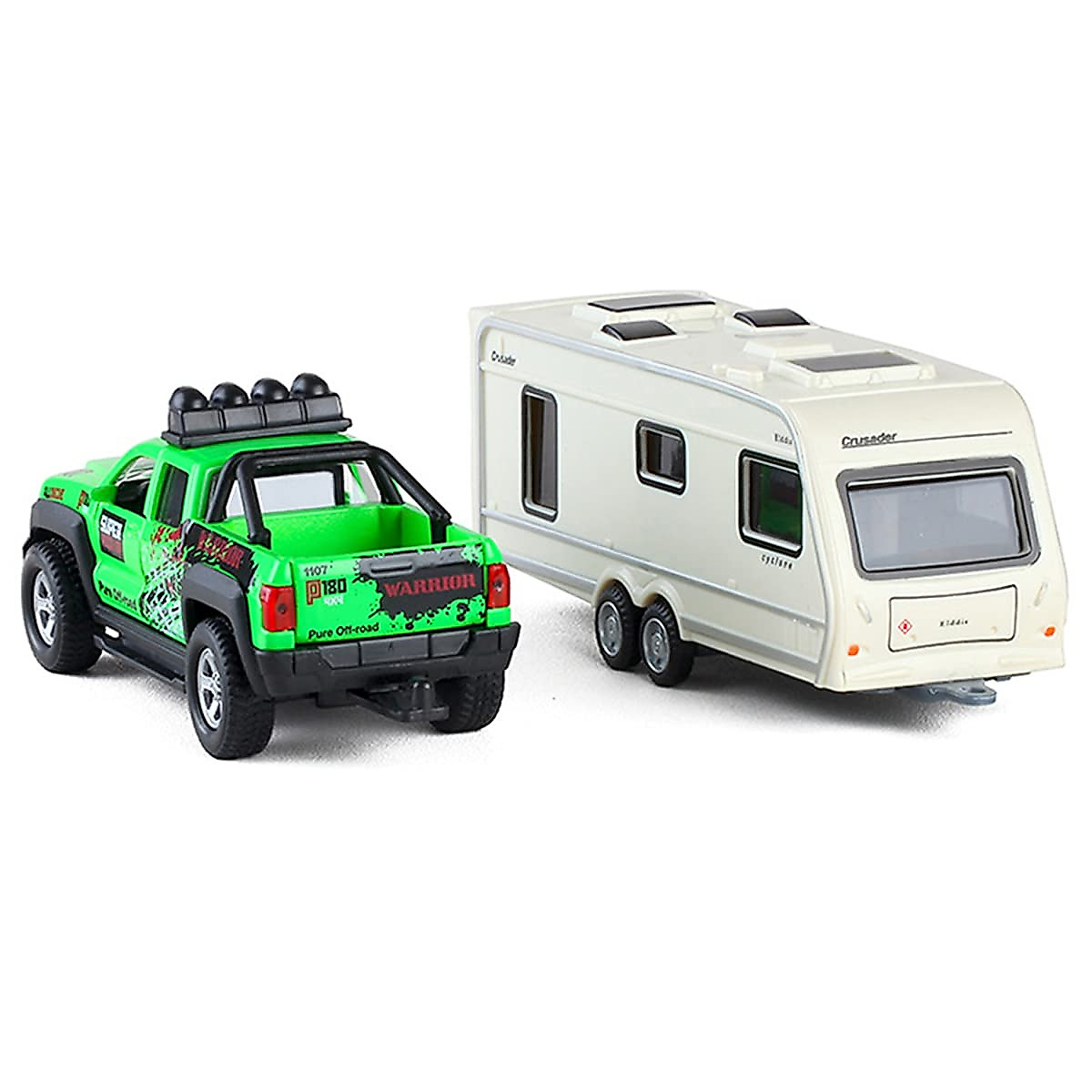 Pickup Truck Trailer Towing Toy Camper 2 in 1 Playset RV Motorhome Toys for Boys Diecast Model Car Metal Pull Back Toy Cars 1/36 Scale SUV Doors Open Light Sound Kids Birthday Gifts, Green