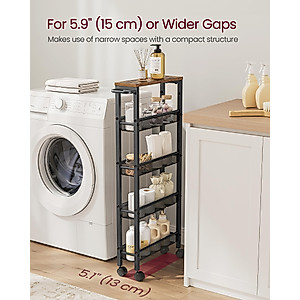 VASAGLE Slim Rolling Cart, 5-Tier Storage Cart, Narrow Cart with Handle, 5.1 Inches Deep, Metal Frame, for Kitchen, Dining Room, Living Room, Home Office, Rustic Brown and Classic Black ULRC034B01