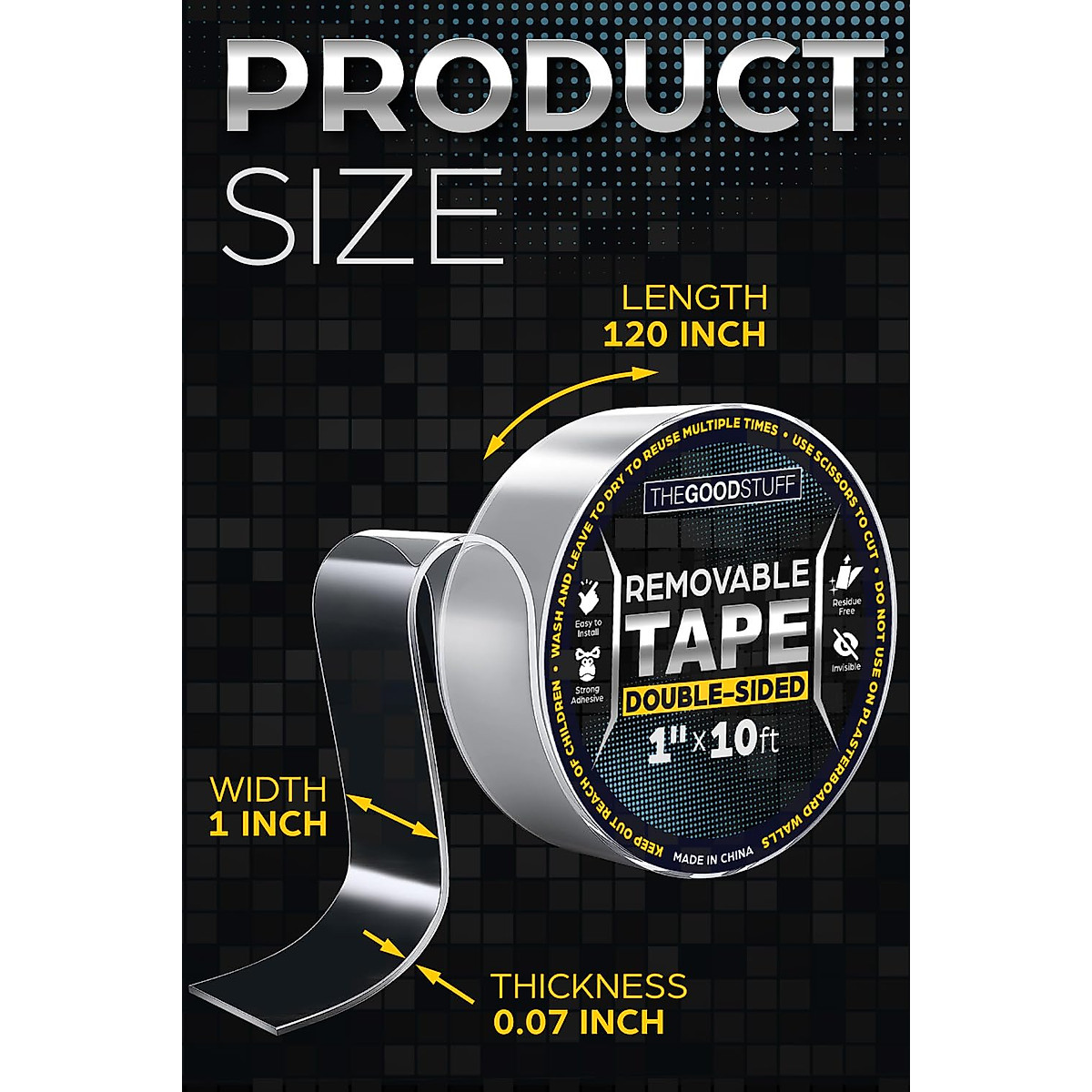 The Good Stuff Nano Double Sided Tape [1" x 10ft] - Reusable Double Sidestick Tape Heavy Duty, Strong Tape Heavy Duty for Mounting to Tiles, Wood, and Glass Walls, Rug and Carpet Tape