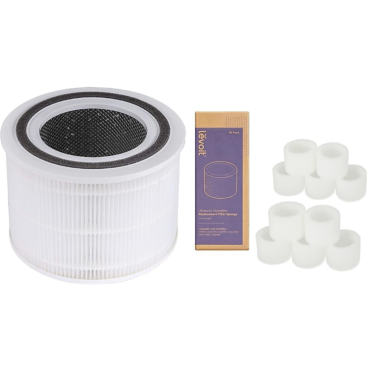 LEVOIT Core 300 Air Purifier Replacement Filter, 3-in-1 True HEPA, 1 Pack, White & 10-Pack Top Fill Humidifier Replacement Filters, Capture Fine Particles to Improve Humidification Efficiency, White