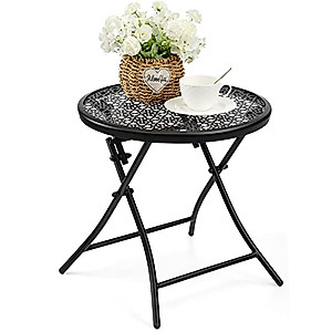 TeoKJ Folding Outdoor Side Tables, Anti Rust Small Patio Table Round Metal End Table with Flower Cutouts for Porch Yard Balcony Deck Lawn, Black