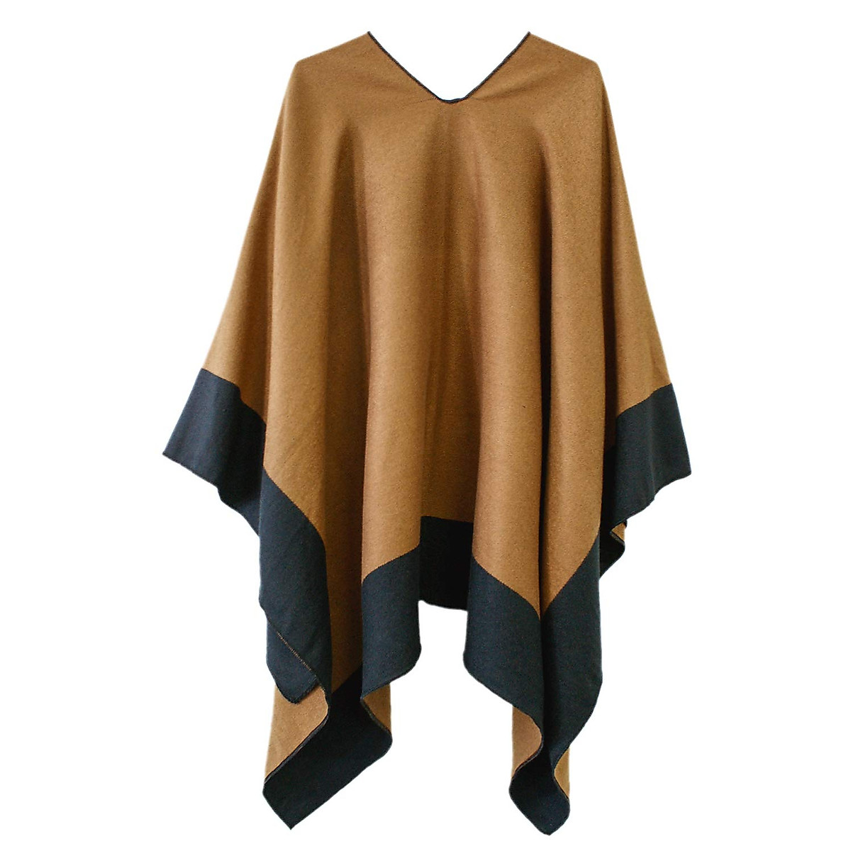 Women's Color Block Reversible Wrap Shawl Poncho Cape (Black 2)