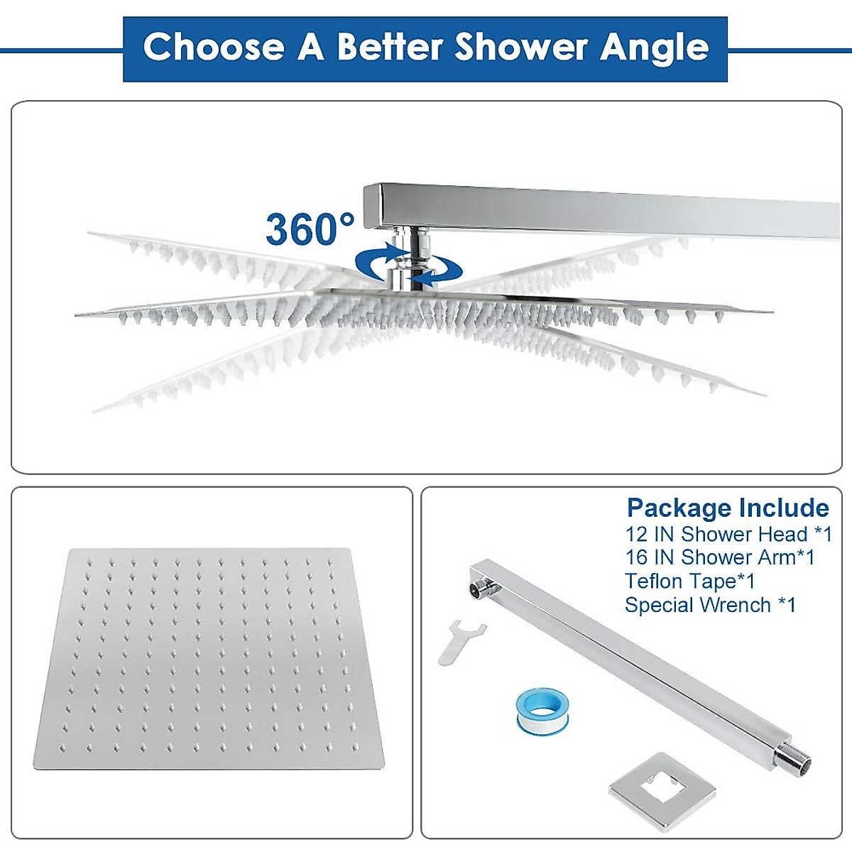 HarJue Shower Head with Extension Arm, High Pressure Square Shower Head with ShowerArm, Stainless Steel Rainfall Showerhead-Waterfall Full Body Coverage (12'' ShowerHead with 16'' Arm, Chrome)