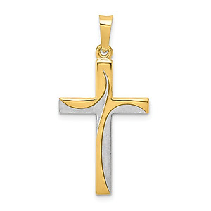 Solid 14k Yellow Gold Two Toned Latin Cross Brushed Matte Finish Pendant Charm - 29mm x 15mm