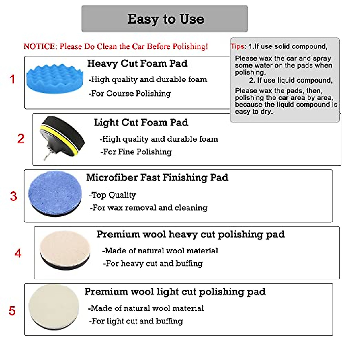 SOLULU 5 Inch Wool Polishing Buffing Pads Kit, 7 Pcs Waxing Buffing Polishing Sponge, 5 Inch Face for 5 in 125mm Backing Plate, for Drill Buffer Attachment with M14 Drill Adapter