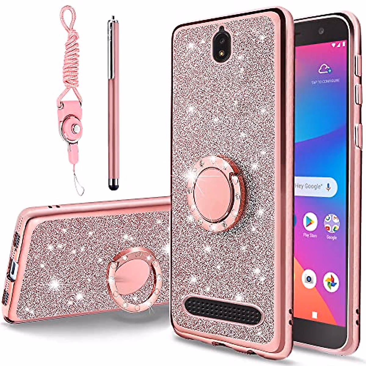 B-wishy for Blu View 2 Case for Women, Glitter Crystal Slim TPU Luxury Bling Cute Protective Cover with Kickstand+Strap for Blu View 2 B130DL