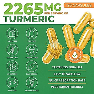 2265mg Extra Strength Organic Turmeric Supplement - with BioPerine and Ginger for High Absorption -Turmeric Curcumin with Black Pepper Extract - 95% Curcuminoids - Herbal Joint Support (120 Capsules)