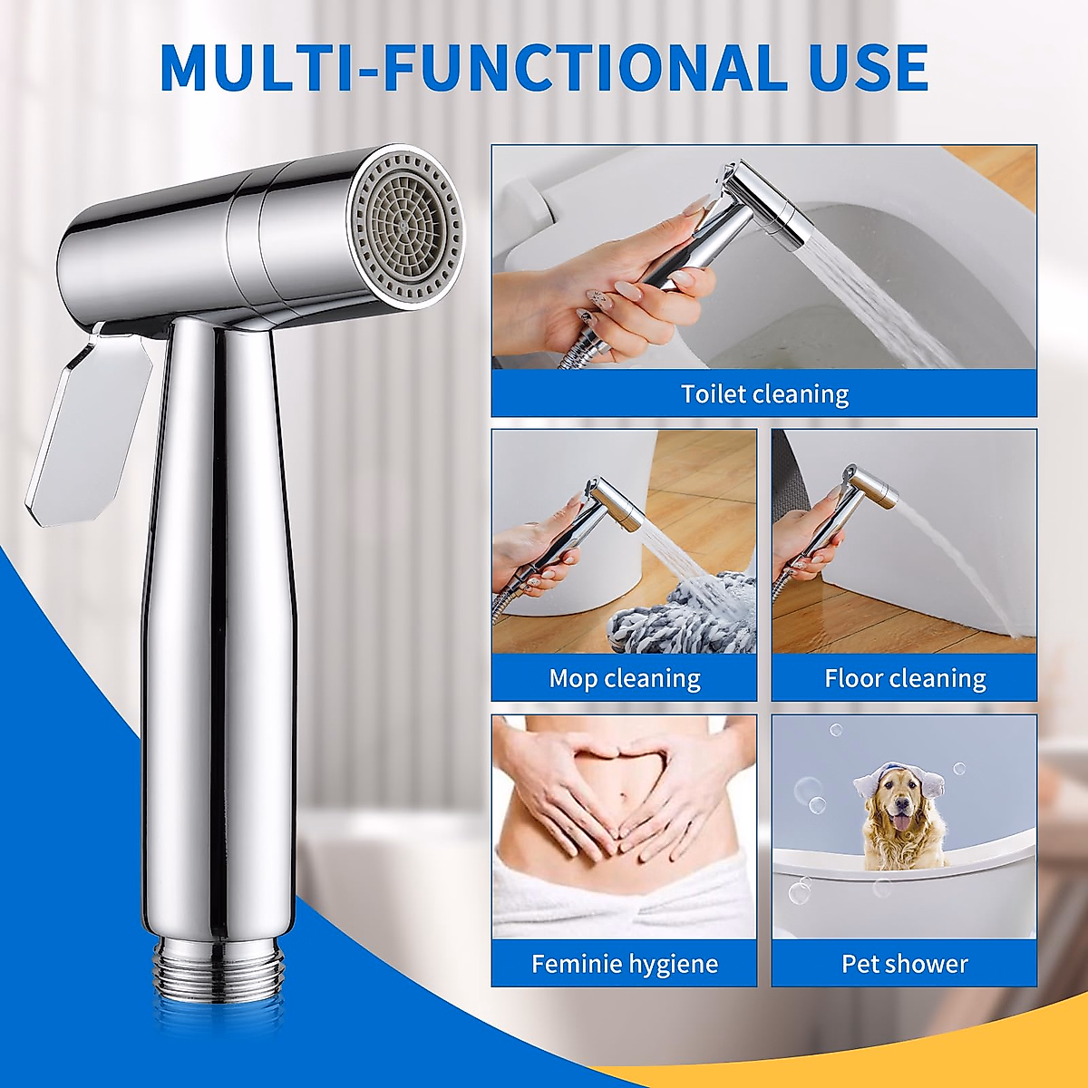 ASRCLOO Chrome Handheld Bidet Sprayer for Toilet, 2 Function Hand Held Sprayer Cloth Diaper, Toilet Concealed Hot and Cold Mixed Bidet Spray Set, Hand Sprayer for Feminine Wash