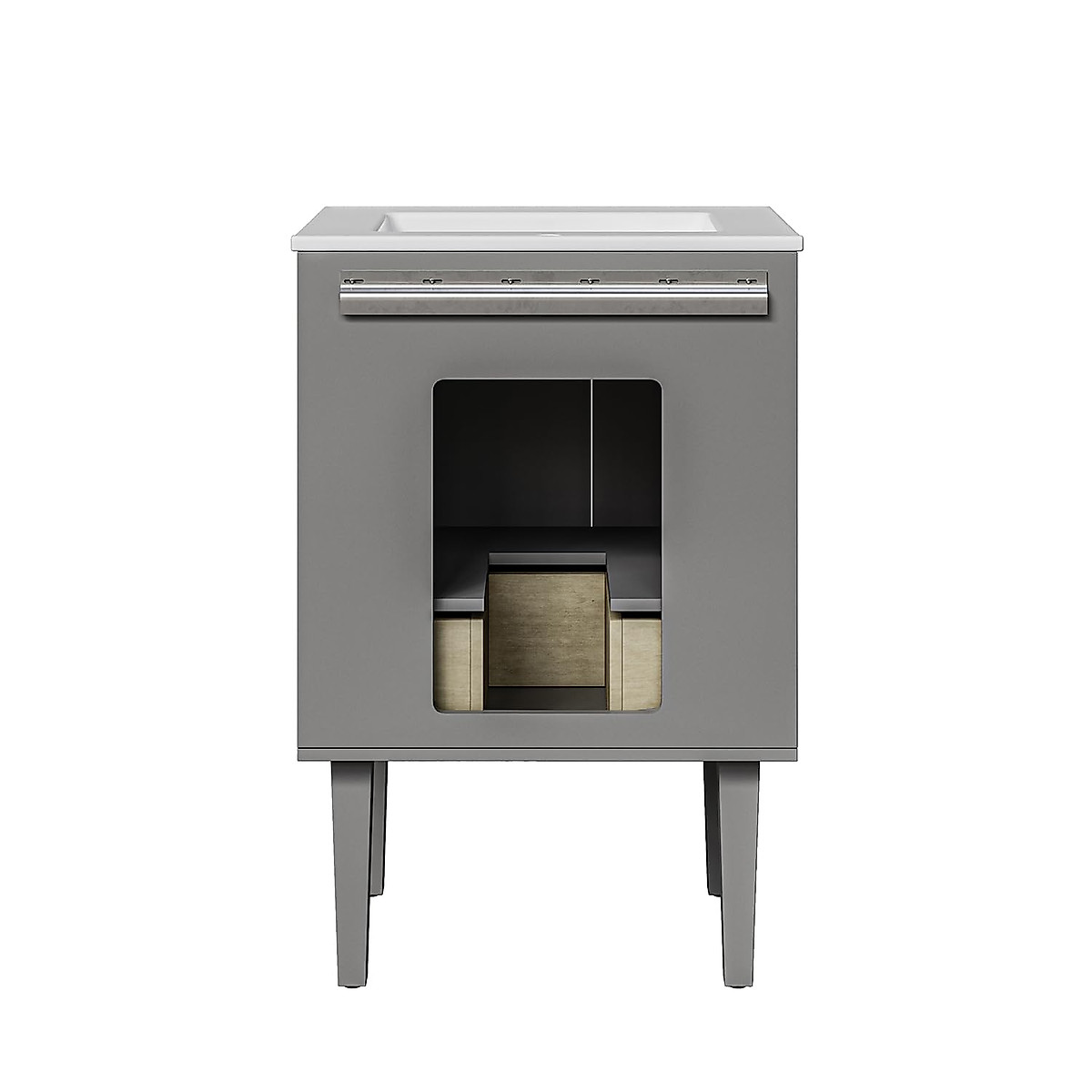 SSLine Free Standing 24-Inch Bathroom Vanity with Ceramic Sink Modern Small Bathroom Vanity with Top Basin and Storage Cabinet Floor Stand Wood Bath Vanity w/Gold Handles for Small Space(Grey)