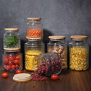 Glass Storage Jars, Kitchen Food Containers with Bamboo Lids, Airtight Embossed Mason Jar, Decorative Cereal Canisters for Candy Snack Cookies Coffee Tea Nuts Bean Countertop(Set of 3,20/40/60)