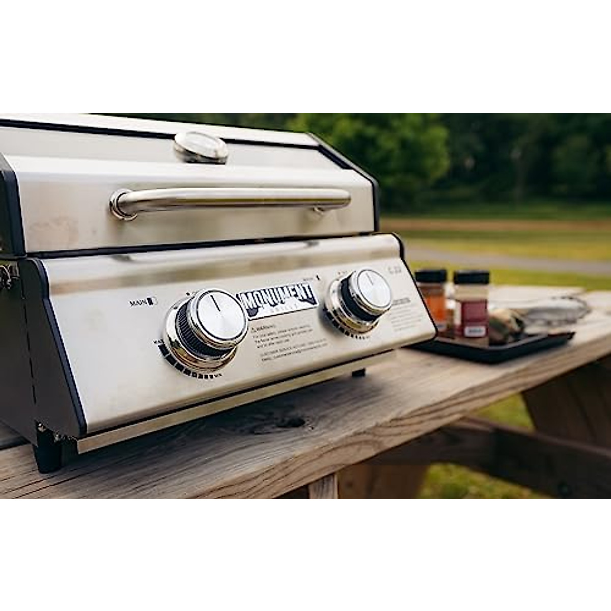Portable Propane Gas Grill 2-Burner Tabletop Clearview Monument Grills for Outdoor Camping Cooking, Two 15,000 BTU Burners, Stainless Steel, and Built-in Thermometer