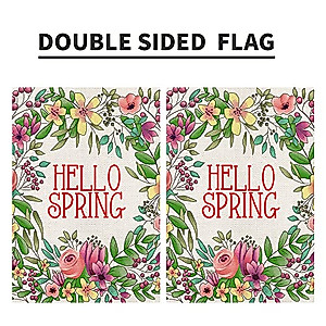 Hello Spring Floral Garden Flag 12x18 Inch Double Sided Burlap Outside, Seasonal Yard Farmhouse Outdoor Decor DF230