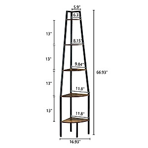 Hoctieon Corner Shelf, Industrial 5-Tier Corner Bookshelf, Rustic Corner Ladder Shelf, Corner Bookcase for Small Spaces, Bedroom, Living Room, Home Office, Kitchen, Balcony, Rustic Brown