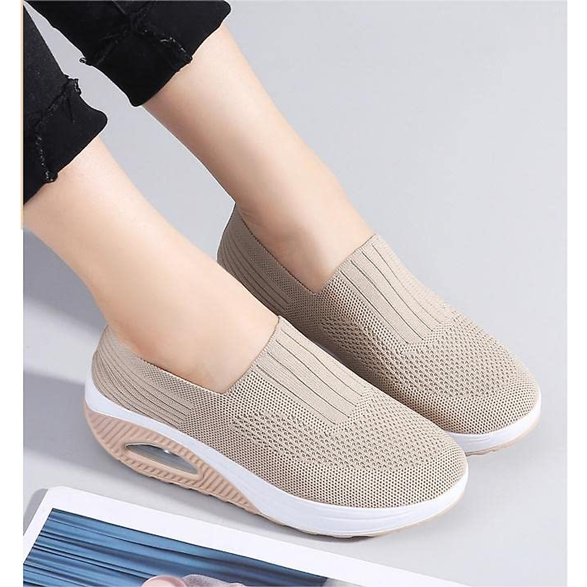 RZDYSQ Womens Orthopedic Sneakers, Slip-On Air Cushion Platform Mesh Walking Sneaker (Beige,US-9.5)
