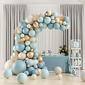 134Pcs Dusty Blue Balloons Arch Garland Kit, Dusty Baby Pastel Blue Chrome Gold Blue Sand White Confetti Balloon for Boy Baby Shower Decorations Bridal Shower Gender Reveal Birthday Party Supplies