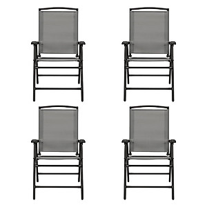 Four Seasons Courtyard Sunny Isles Outdoor Patio Foldable Arm Chairs Sling Fabric Steel Frame Seating Furniture Set, 4 Pack, Gray