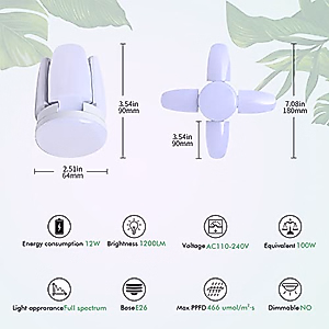 3 PK deformable Grow Light Bulb Full Spectrum Plant Light Bulbs E26 Base 12W Professional for Seedling Growing Blooming Fruiting (Natural Light)