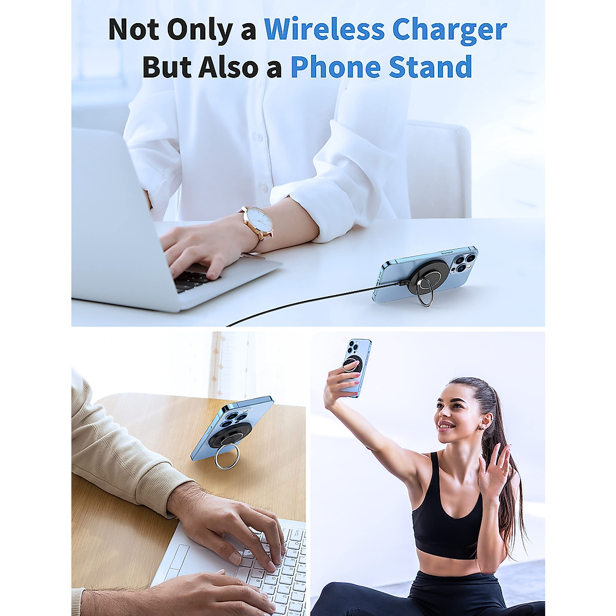 RORRY 3 in 1 Magnetic Wireless Charger,15W Fast Charging Pad Phone Ring Holder,Μαg-Sαfe/Qi Wireless Charger Compatible with iPhone 15/14/13/12, Apple Watch 9/Ultra2/8/Ultra/7/6/5/4/3/SE,(Black)