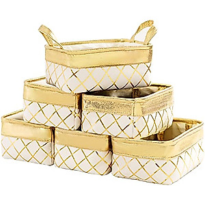 TheWarmHome Storage Basket [6-Pack], Fabric Storage Bins w/Handles, Bronzing Plush-Feel Gift Baskets, Storage Baskets for Organizing Shelves Closet(Gold&White Velvet, Small-6 Pack)