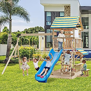 Costzon Wooden Swing Set for Backyard, All Solid Fir Outdoor Play Center with Swings, Wave Slide, Monkey Bars, Climbing Wall, Sandbox, Picnic Table, Heavy-Duty Playground Playset for Kids Toddlers