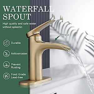 Gold Bathroom Faucets, Single Hole Bathroom Faucets Brushed Gold, Waterfall Faucet for Bathroom Sink Brass Bathroom Faucet with Pop Up Drain RV Faucet YardMonet