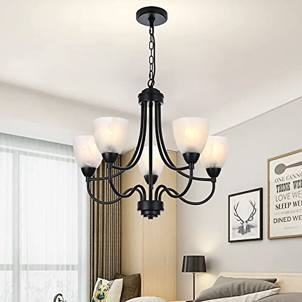 MELUCEE Classic Modern Chandeliers for Dining Room with Alabaster Glass Shade, 5-Light Dining Room Light Over Table Contemporary Ceiling Light Fixtures Traditional for Foyer Kitchen Bedroom
