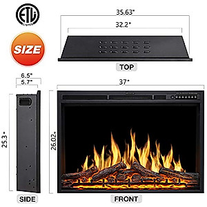 R.W.FLAME Electric Fireplace Insert 37Inch with Adjuatble Flame Colors, Log Colors, Flame Speed and Brightness, Remote Control, 750W/1500W