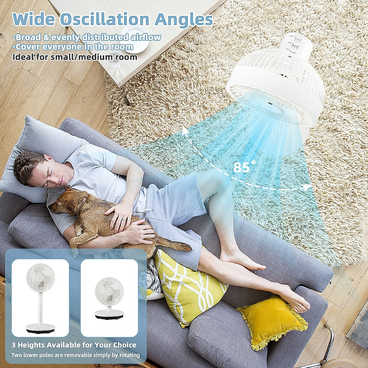 GOFLAME Pedestal Floor Fan with Remote Control, Portable Standing Fan with 85° Oscillation, 100° Tilt, 3 Wind Speeds and 7H Timer, Quiet Cooling Fan for Bedroom Living Room Home Office