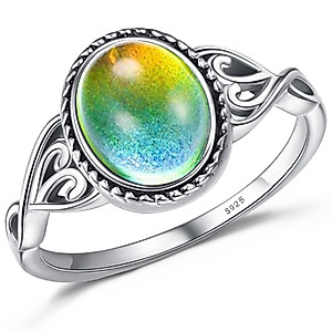 MILACOLATO 925 Sterling Silver Mood Ring for Women 18K White Gold Plated Handmade Oval Vintage Solitaire Ring Temperature-Control Changeable Color Ring Mood Ring
